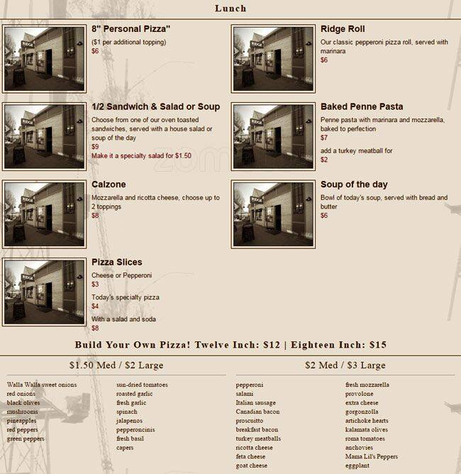 Menu at Ridge Pizza pub & bar, Seattle, Greenwood Ave N