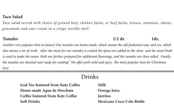 Menu at Juarez Restaurant & Bakery, Round Rock