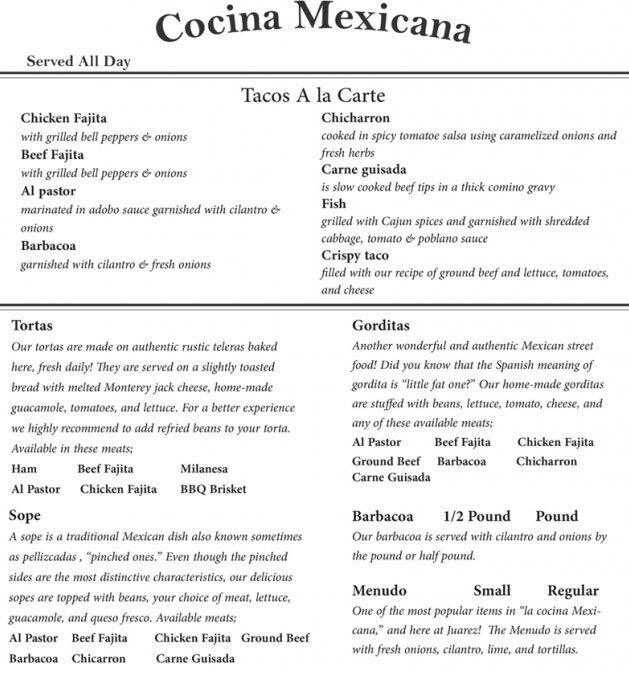 Menu at Juarez Restaurant & Bakery, Round Rock