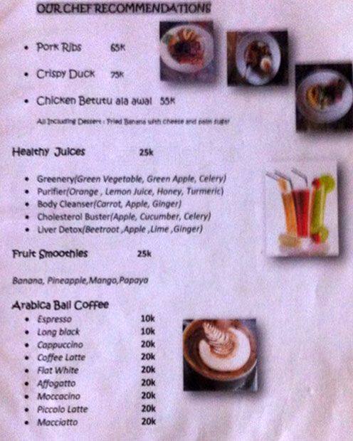 Carta del café Awal Resto, Indonesia