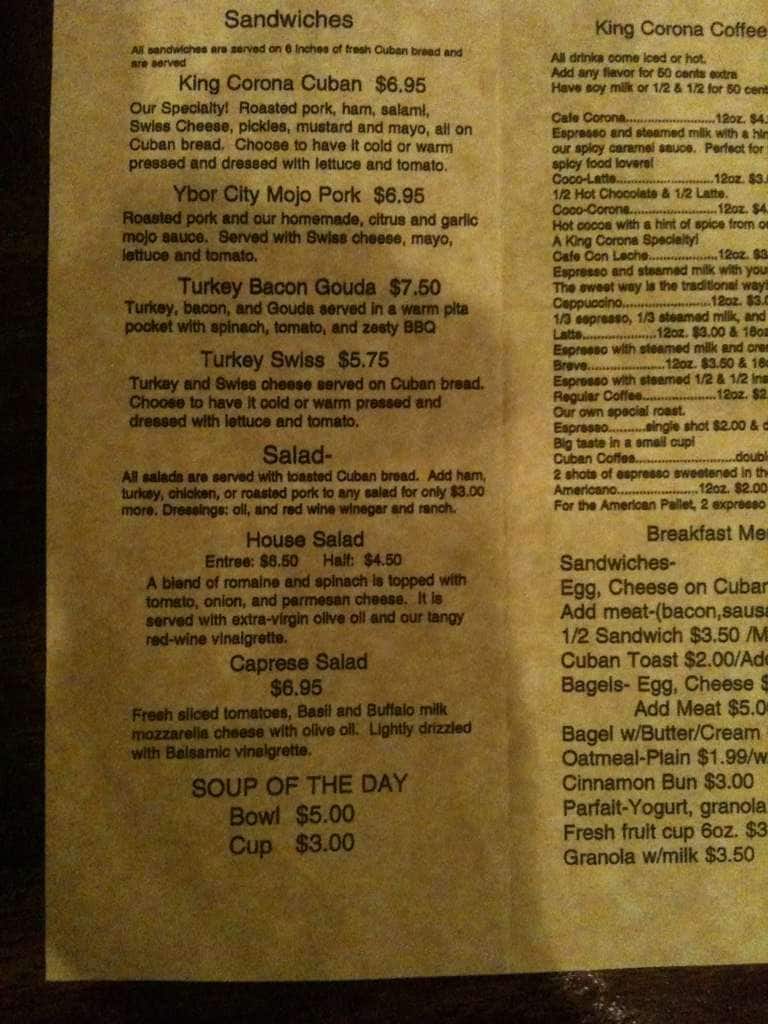King Corona Cigar Cafe Menu, Menu for King Corona Cigar Cafe, Ybor City ...