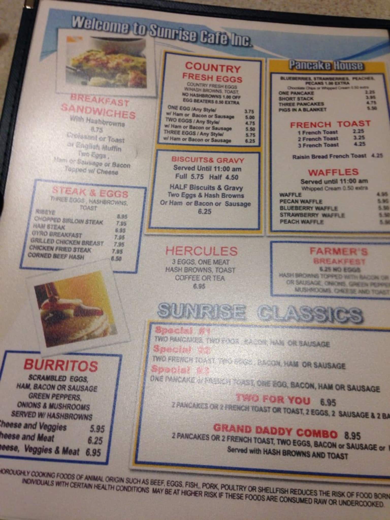 Menu at Sunrise Cafe, DeWitt