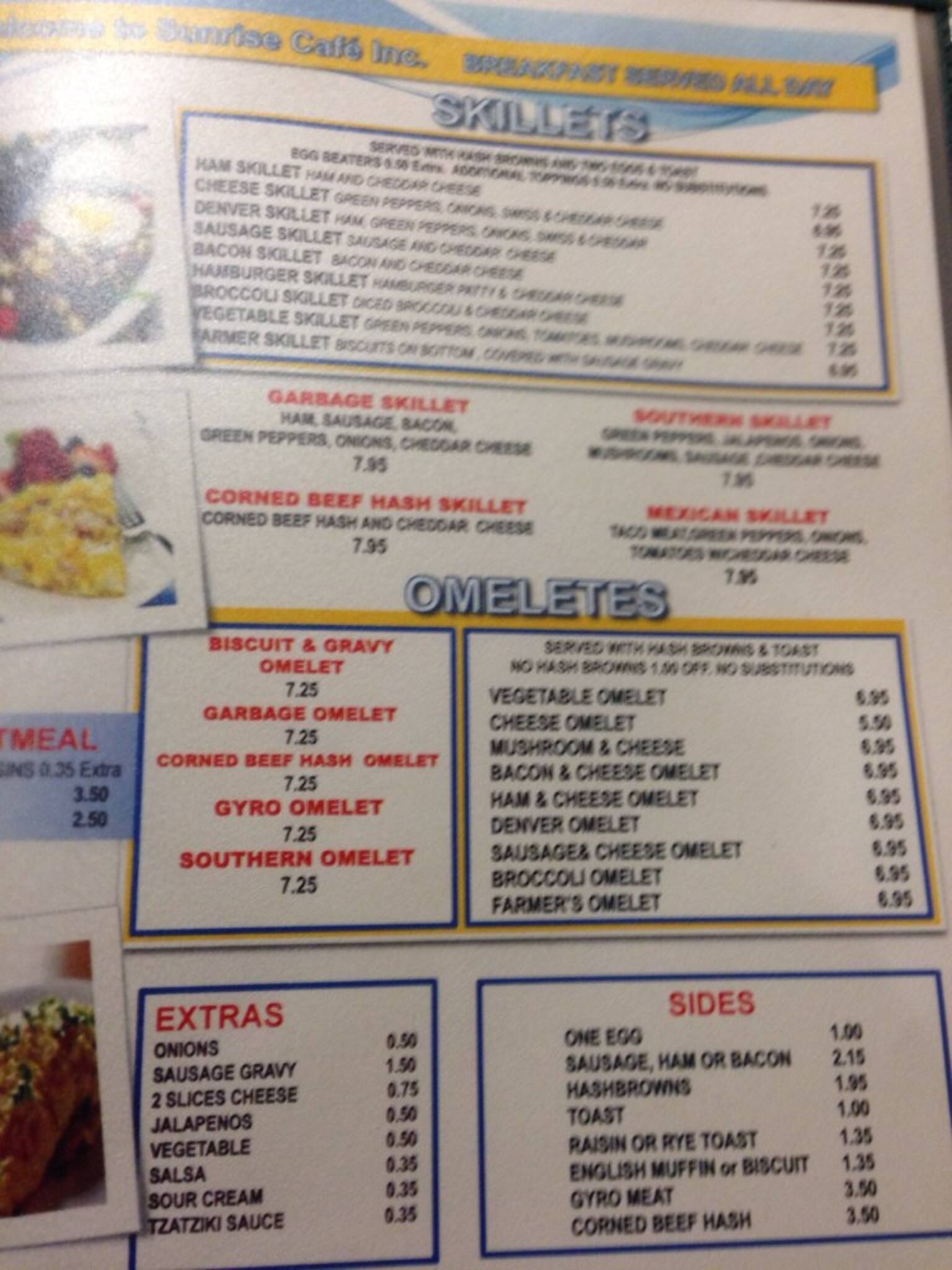 Menu at Sunrise Cafe, DeWitt