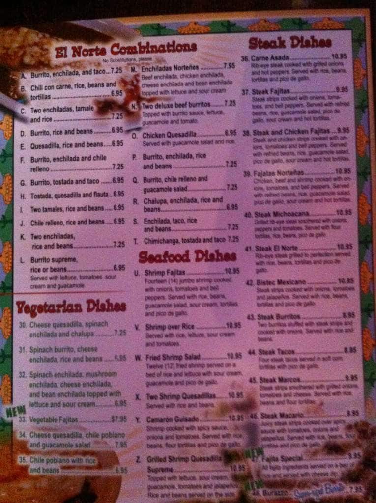 Menu at El Norte Mexican Restauran, Meridian