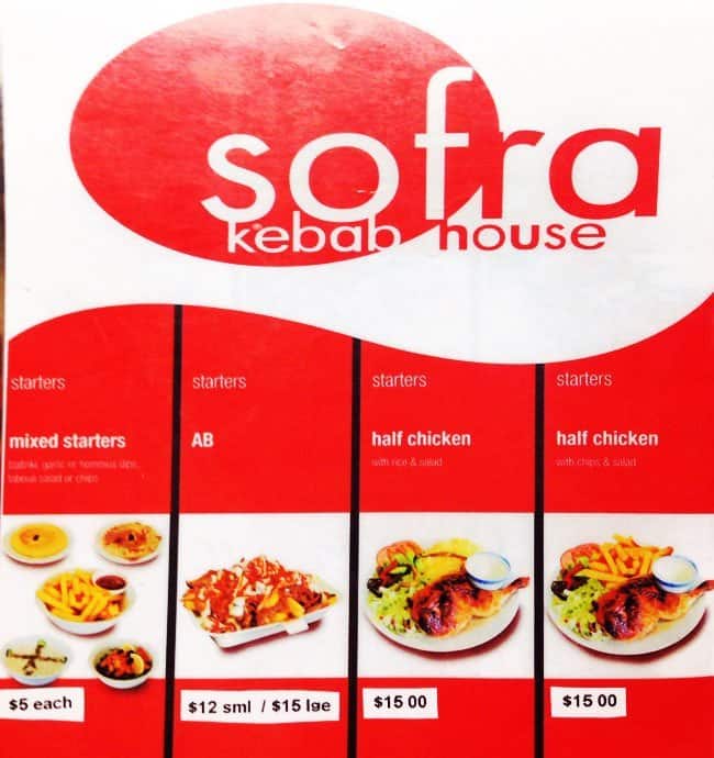 Menu at Sofra Kebab House restaurant, Adelaide