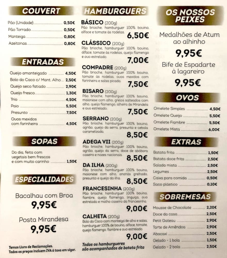 Menu em Adega VII restaurante, Lisboa