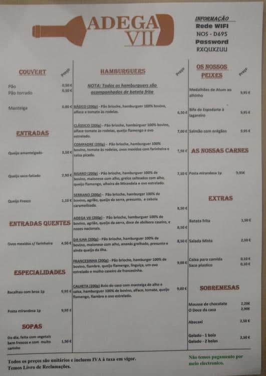 Menu em Adega VII restaurante, Lisboa
