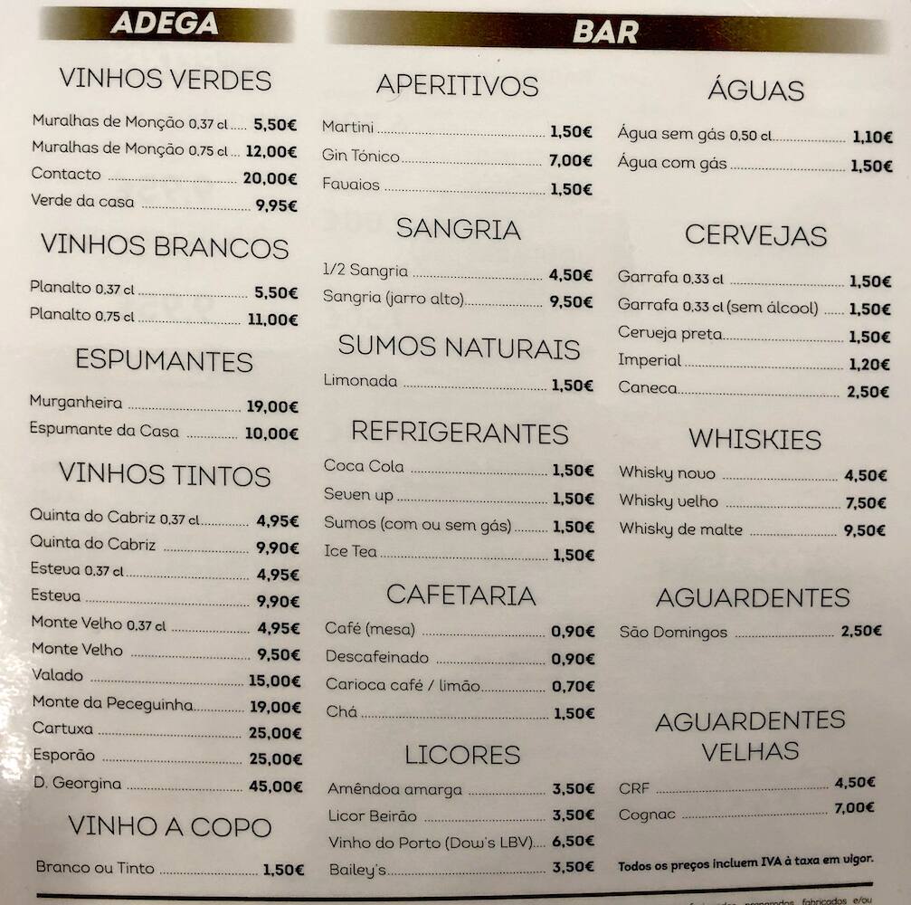 Menu em Adega VII restaurante, Lisboa