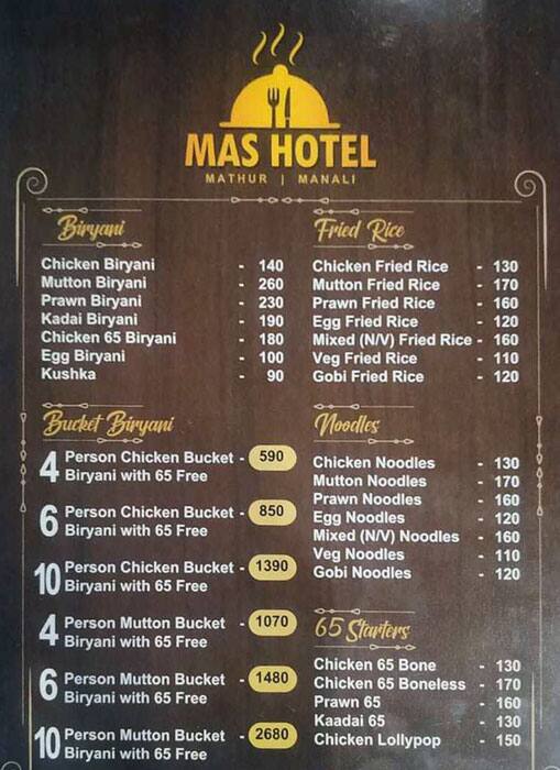 Menu of Mas Hotel, Kolathur, Chennai