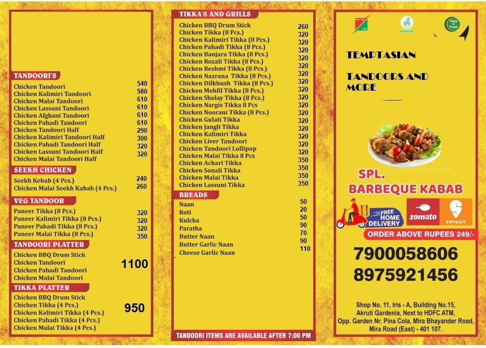 Menu of Temptasian, Mira Road, Mumbai
