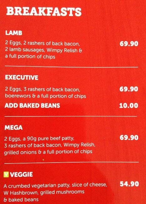 Speisekarte von Wimpy restaurant, Lenasia, Signet Terrace Shopping Centre