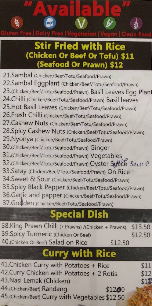 Menu at Chaiyo Malaysian Cuisine restaurant, Auckland