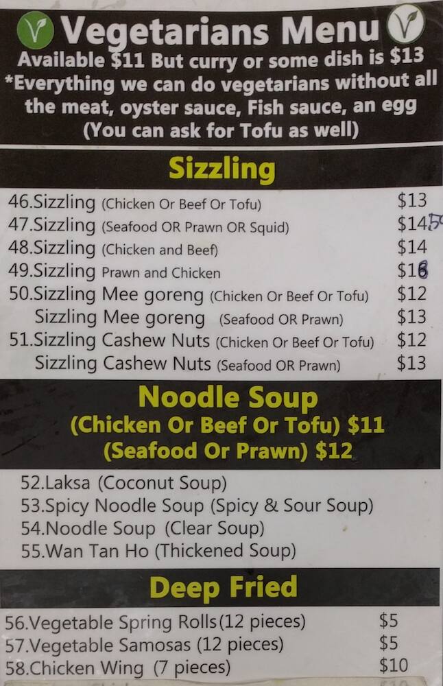 Menu at Chaiyo Malaysian Cuisine restaurant, Auckland