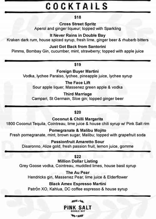 Menu at Pink Salt restaurant, Double Bay