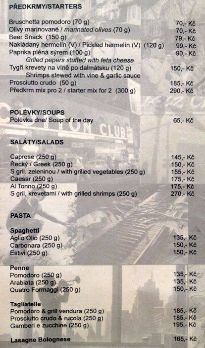 Menu at Jazz Time restaurant, Prague