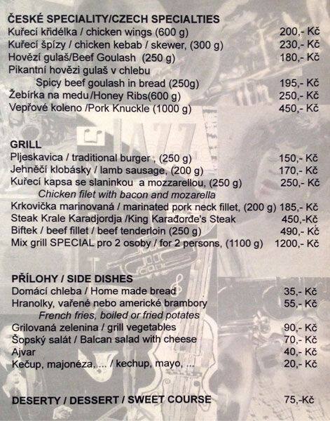 Menu at Jazz Time restaurant, Prague