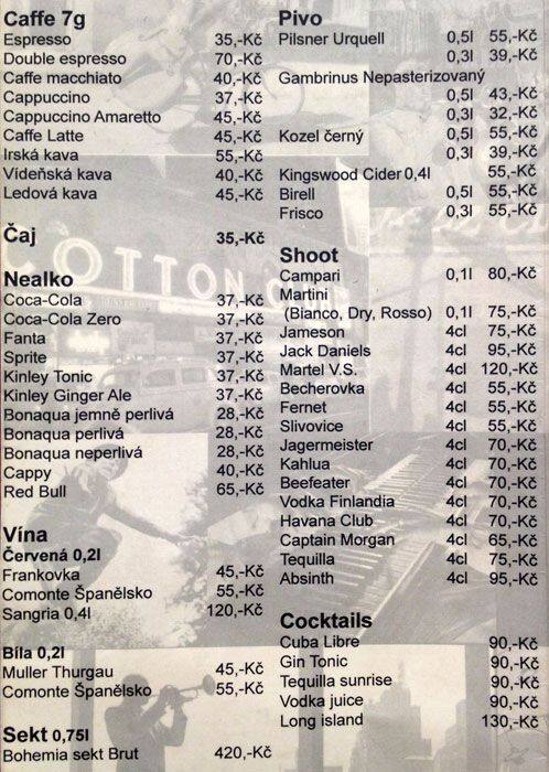 Menu at Jazz Time restaurant, Prague