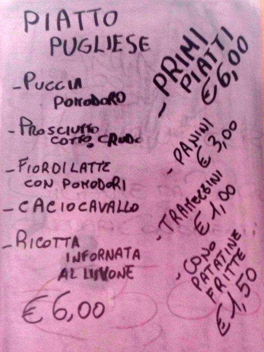 Menu at American Bar, Rome, Via Pietro Bonfante