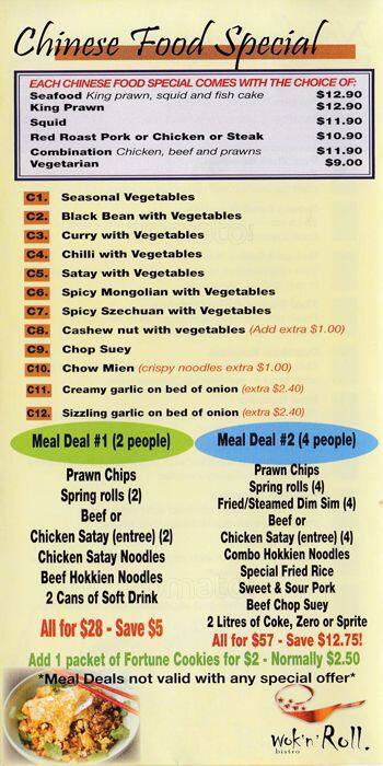 Menu at Wok 'n' Roll restaurant, Taperoo