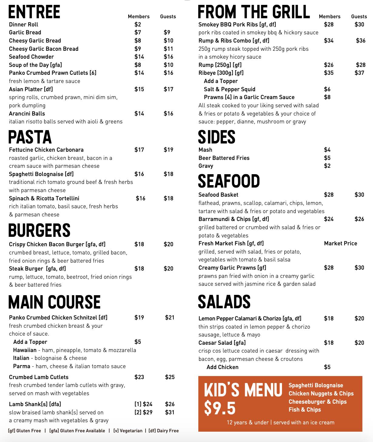 Menu at Wynnum Manly Leagues Club, Manly West, 92 Wondall Rd