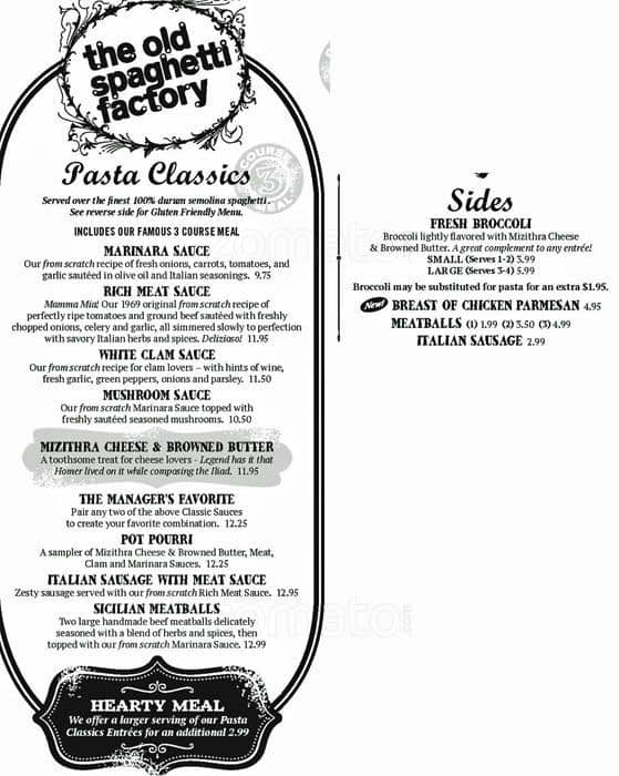 Menu at Old Spaghetti Factory restaurant, San Jose