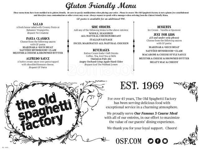 Menu at Old Spaghetti Factory restaurant, San Jose