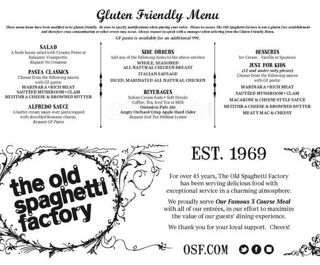 Menu at Old Spaghetti Factory restaurant, San Jose
