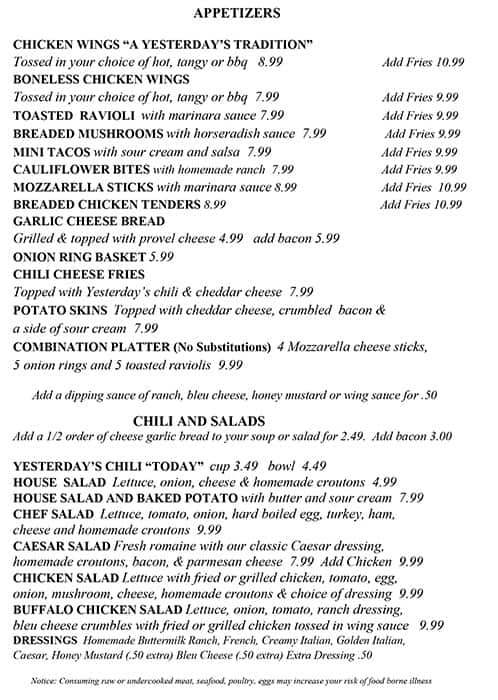 Menu at Yesterday's Bar & Grill, Woodson Terrace