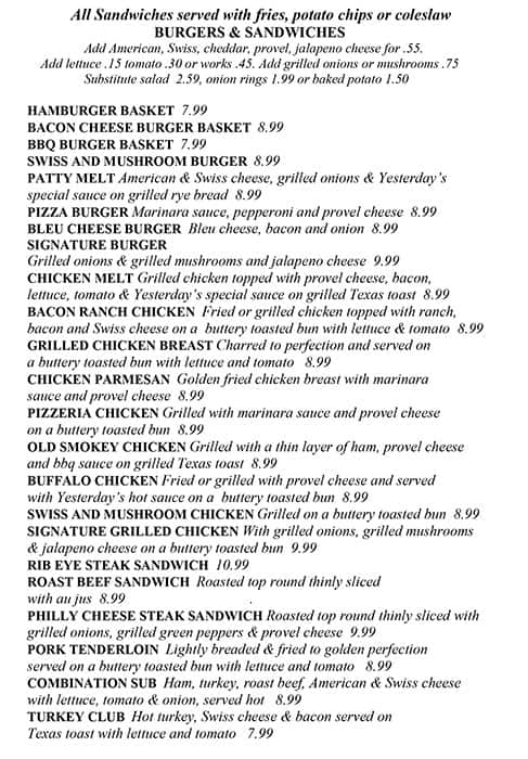 Menu at Yesterday's Bar & Grill, Woodson Terrace