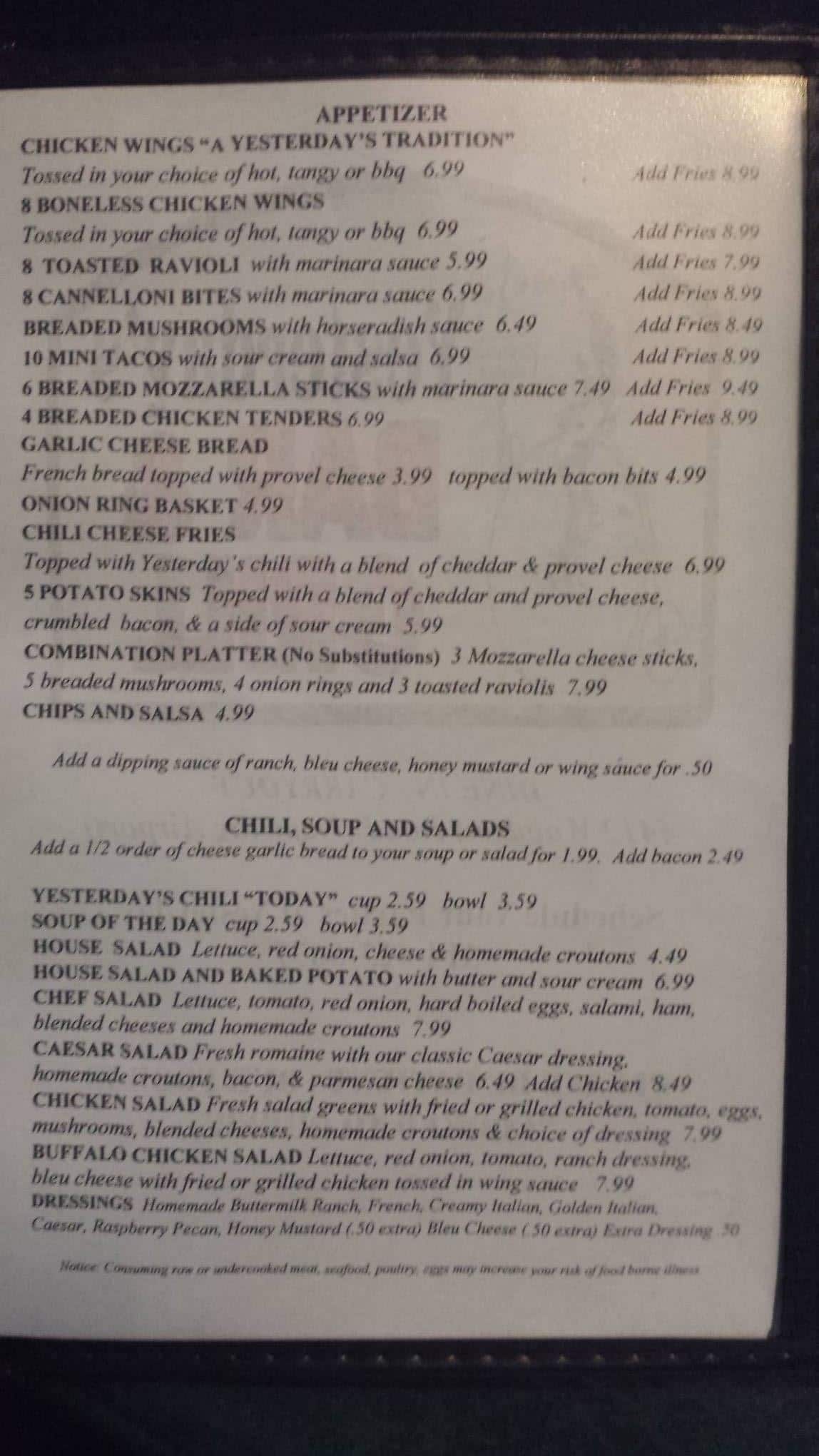 Menu at Yesterday's pub & bar, Woodson Terrace