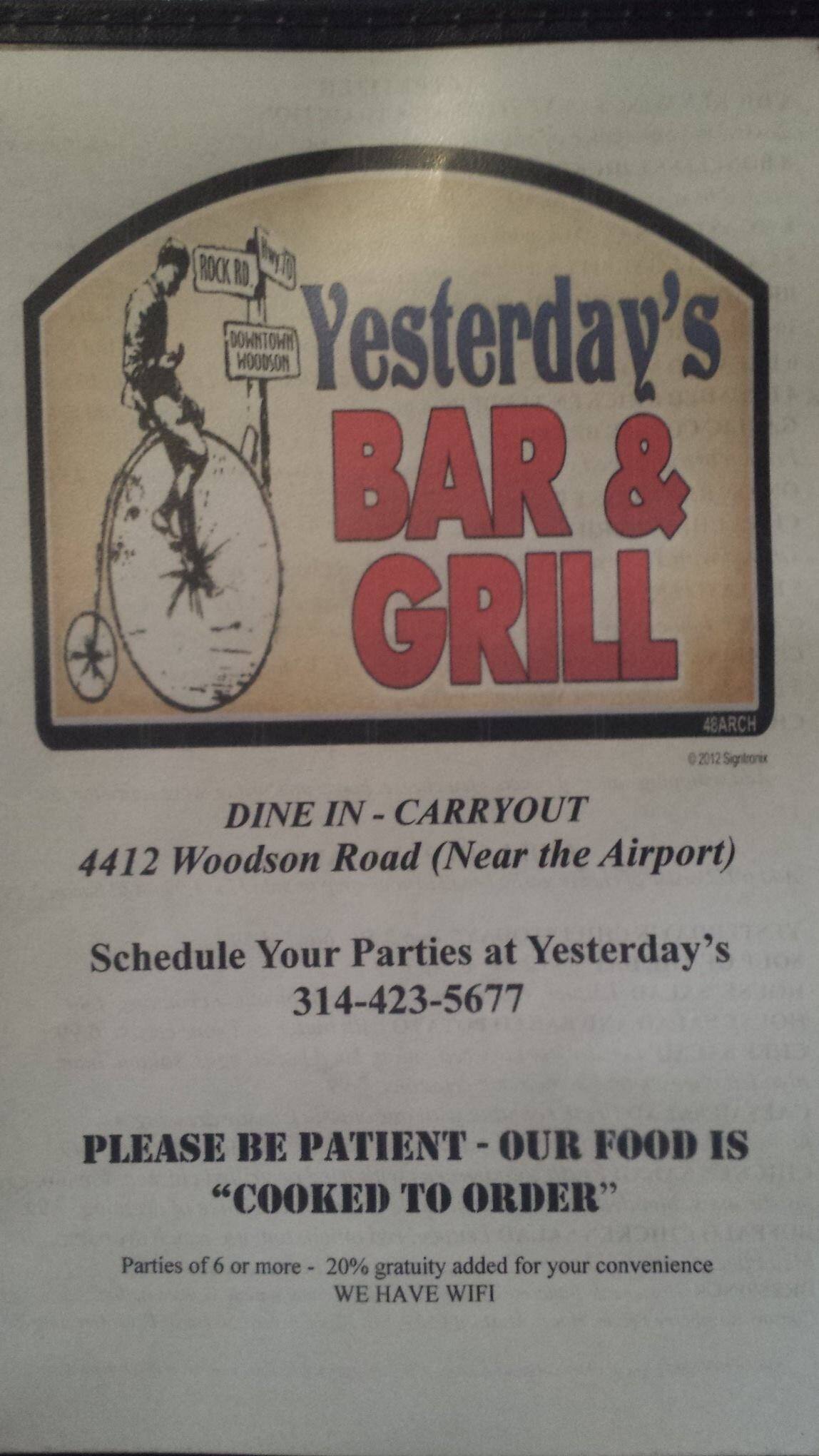 Menu at Yesterday's pub & bar, Woodson Terrace