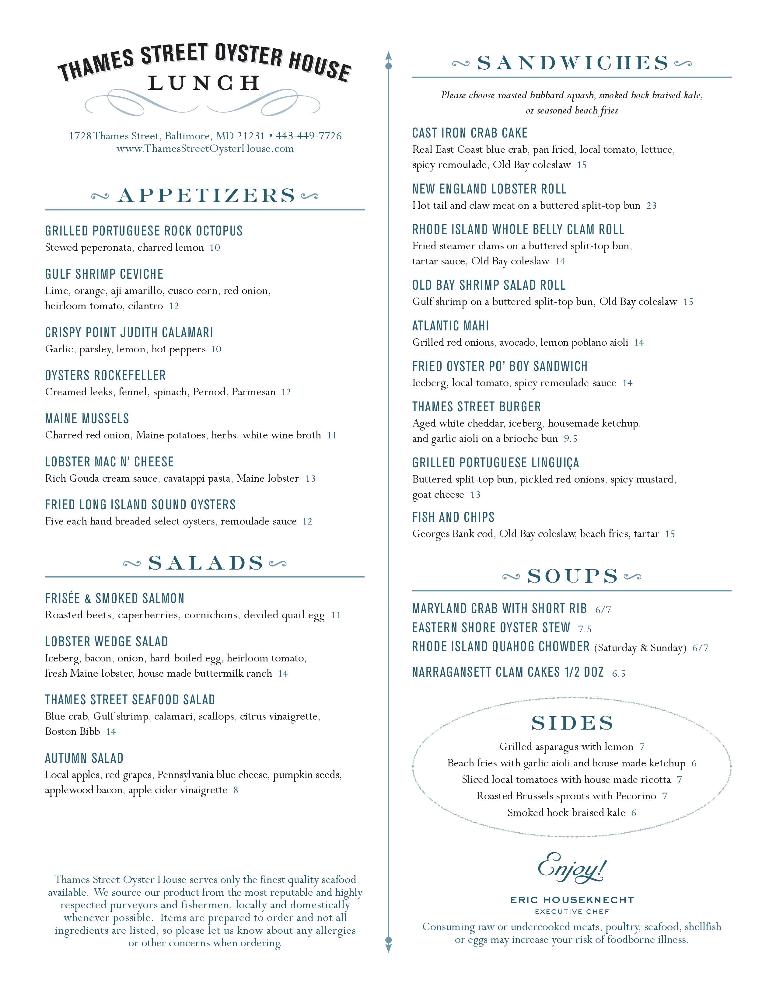 Menu at Thames Street Oyster House restaurant, Baltimore
