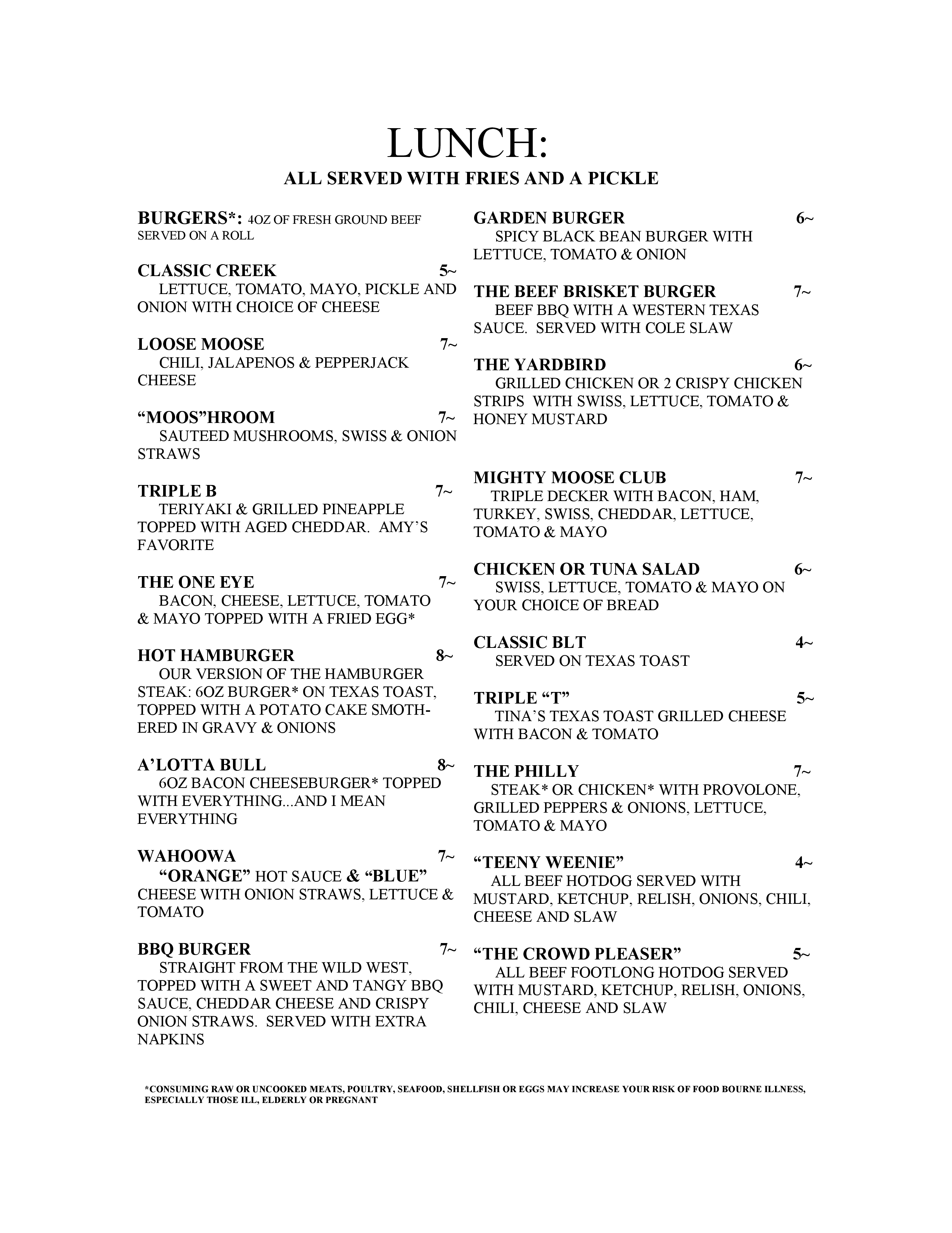 Menu at Moose's By The Creek restaurant, Charlottesville, Monticello Rd