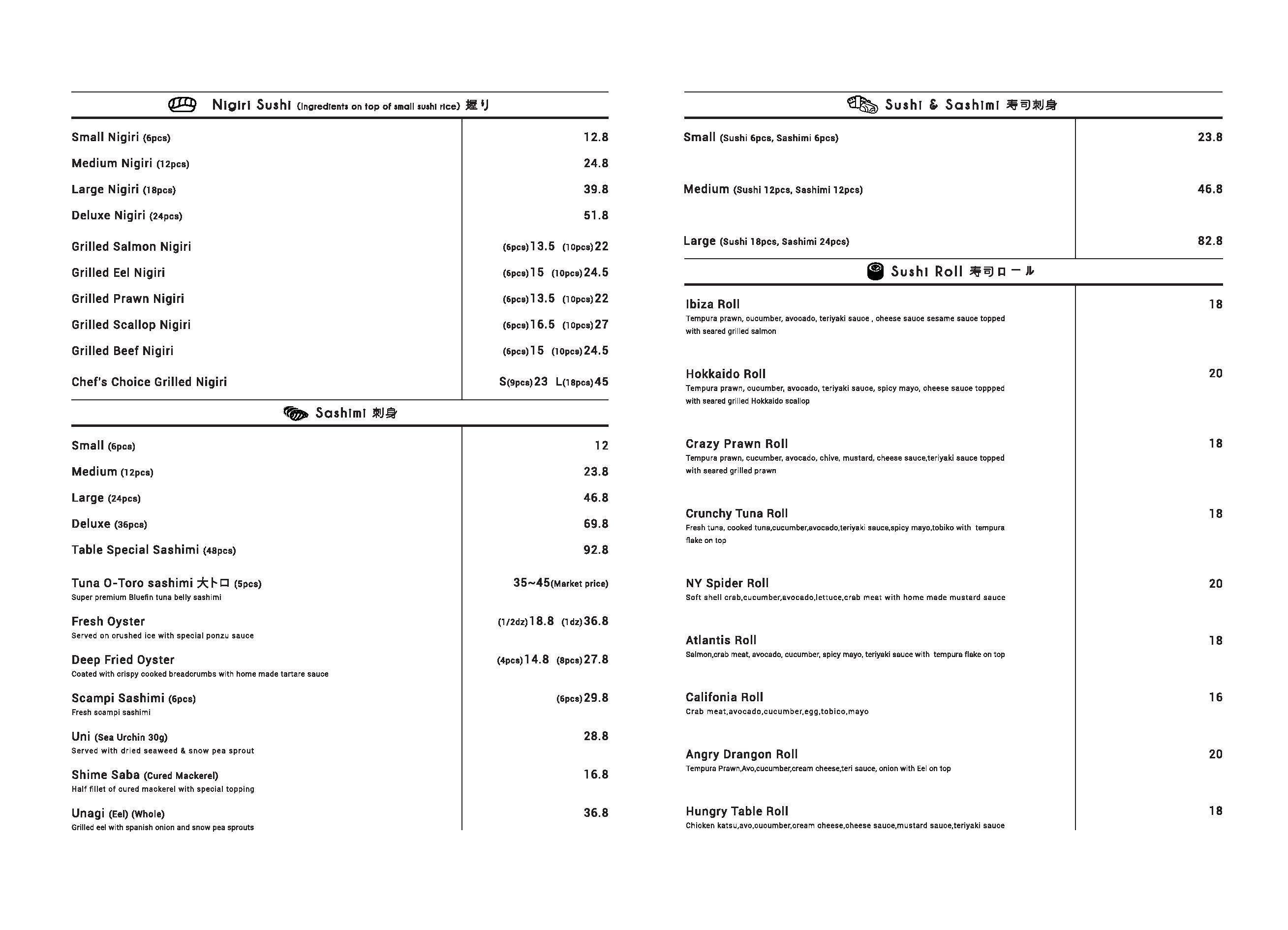 Menu at SUSHI TABLE restaurant, West Ryde