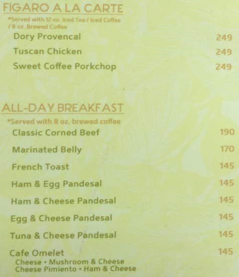 Menu at Figaro Coffee Company cafe, Cebu City, The Walk