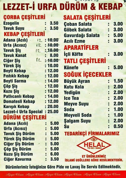 Menu at Lezzet-İ Urfa, Istanbul
