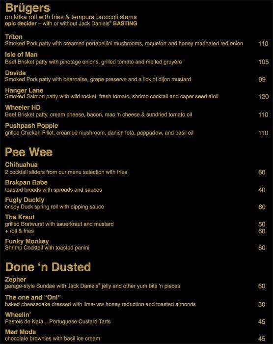 Menu au The Cafe Racer Strand, Le Cap