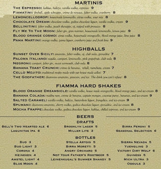 Menu at Fiamma Italian Grill pub & bar, Bethlehem