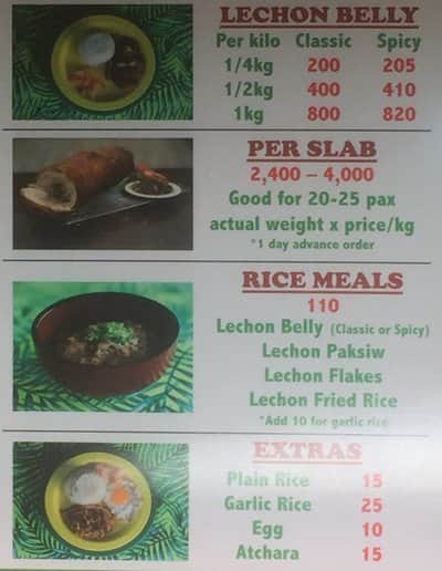 Menu at Tatang's Boneless Cebu Lechon restaurant, Silang