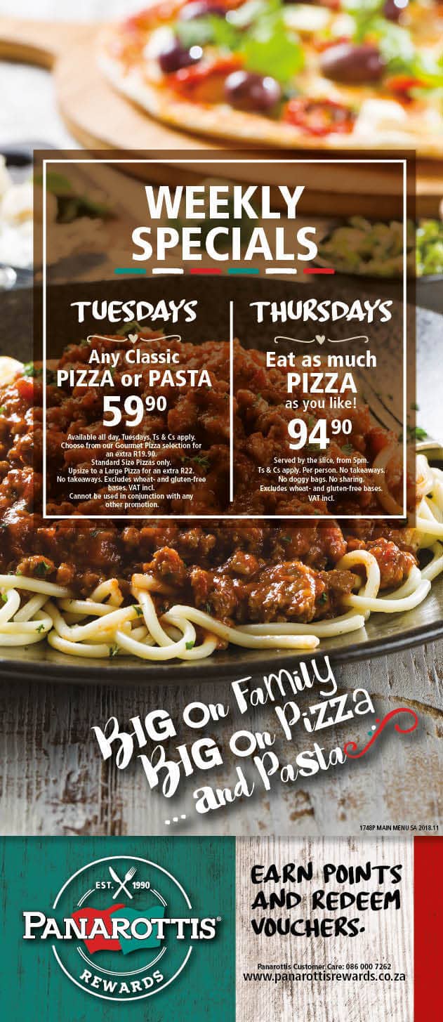 Carta de Panarottis Pizza Pasta, Sandton
