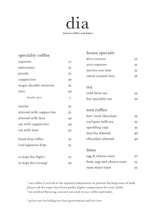 Menu at Coffee Dia cafe, West Jakarta