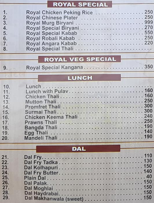 Menu of Royal Karbhar, Borivali East, Mumbai