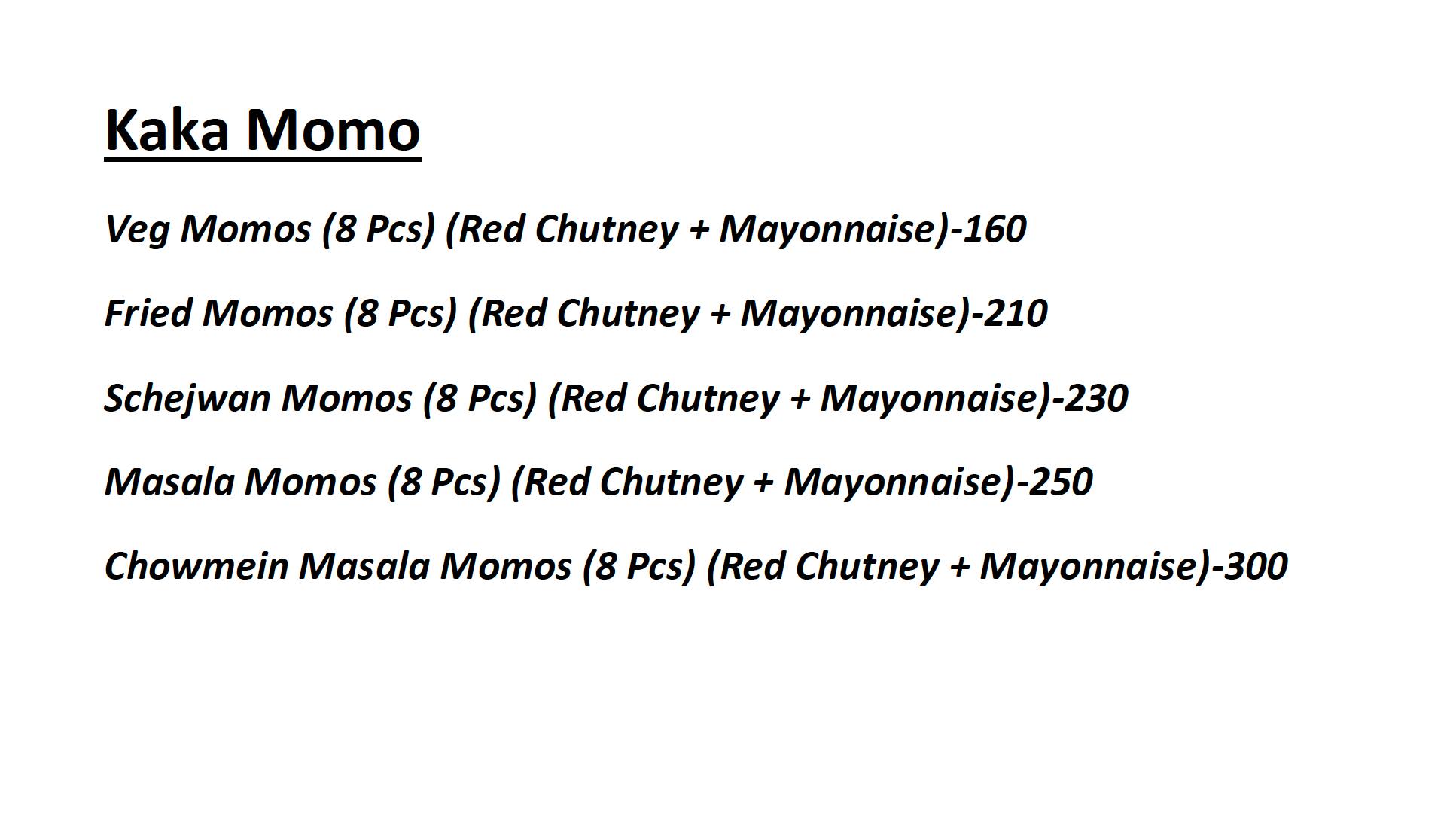 Menu of Kaka Momo, Mansarovar, Jaipur