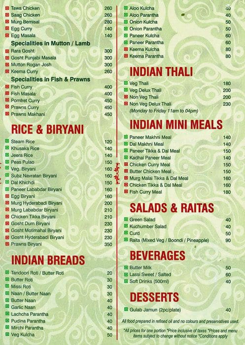 Menu at Moti Mahal Delux, Mumbai, Oberoi Mall