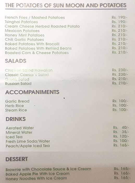 Menu at Sun Moon & Potatoes, Mumbai, 11 & 12