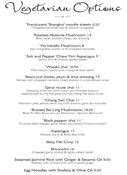 Menu at Kai Mayfair restaurant, London