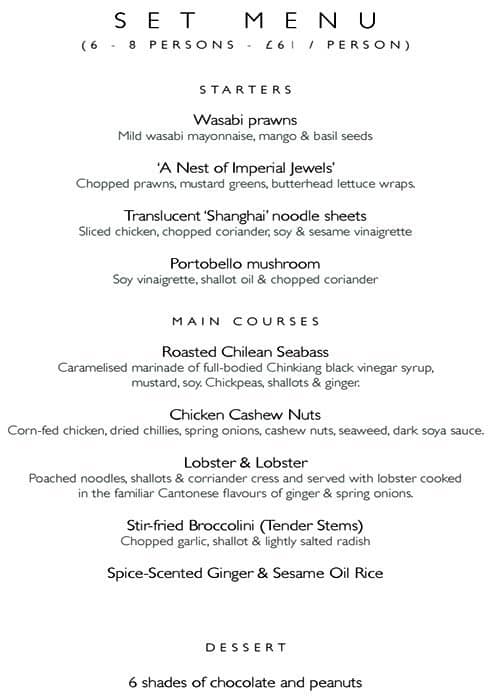 Menu at Kai Mayfair restaurant, London