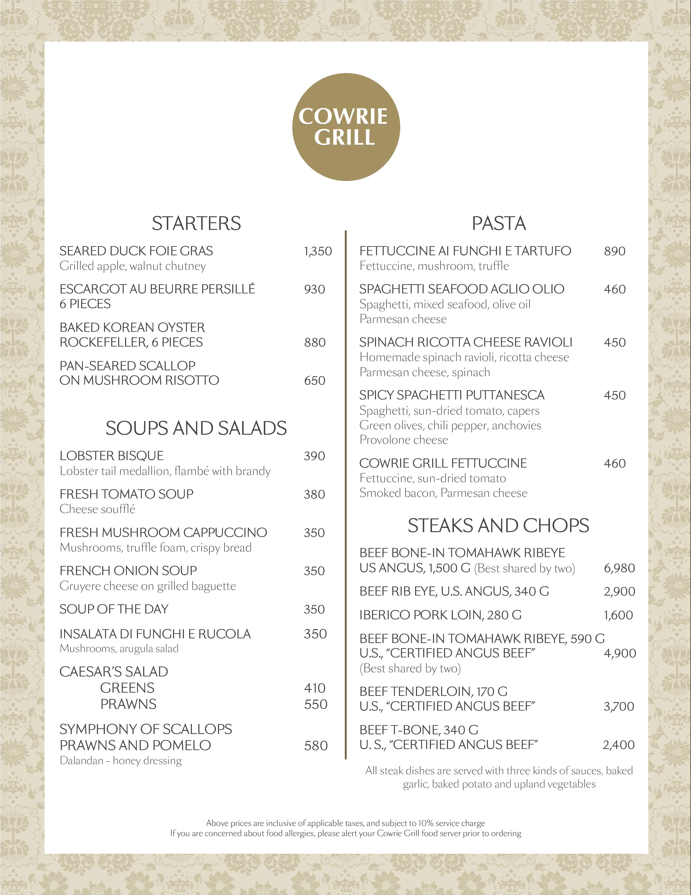 Menu at Cowrie Grill - Greenhills Shopping Center steakhouse, San Juan ...