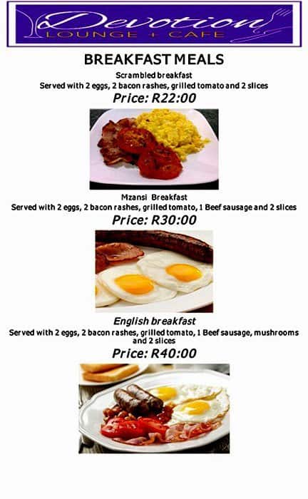 Menu au Devotion Lounge restaurant, Johannesburg