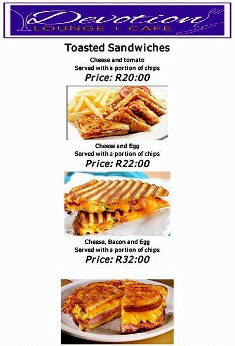 Menu au Devotion Lounge restaurant, Johannesburg